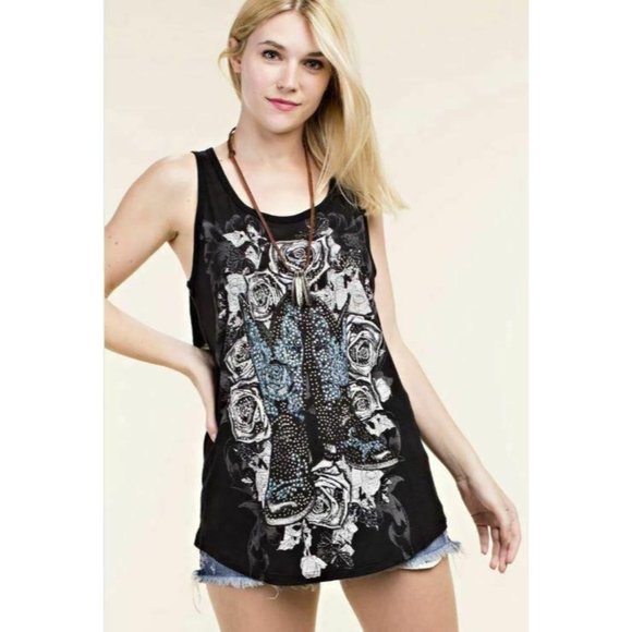 Vocal | Tops | Vocal Embellished Cowgirl Boot Print Tank Top | Poshmark